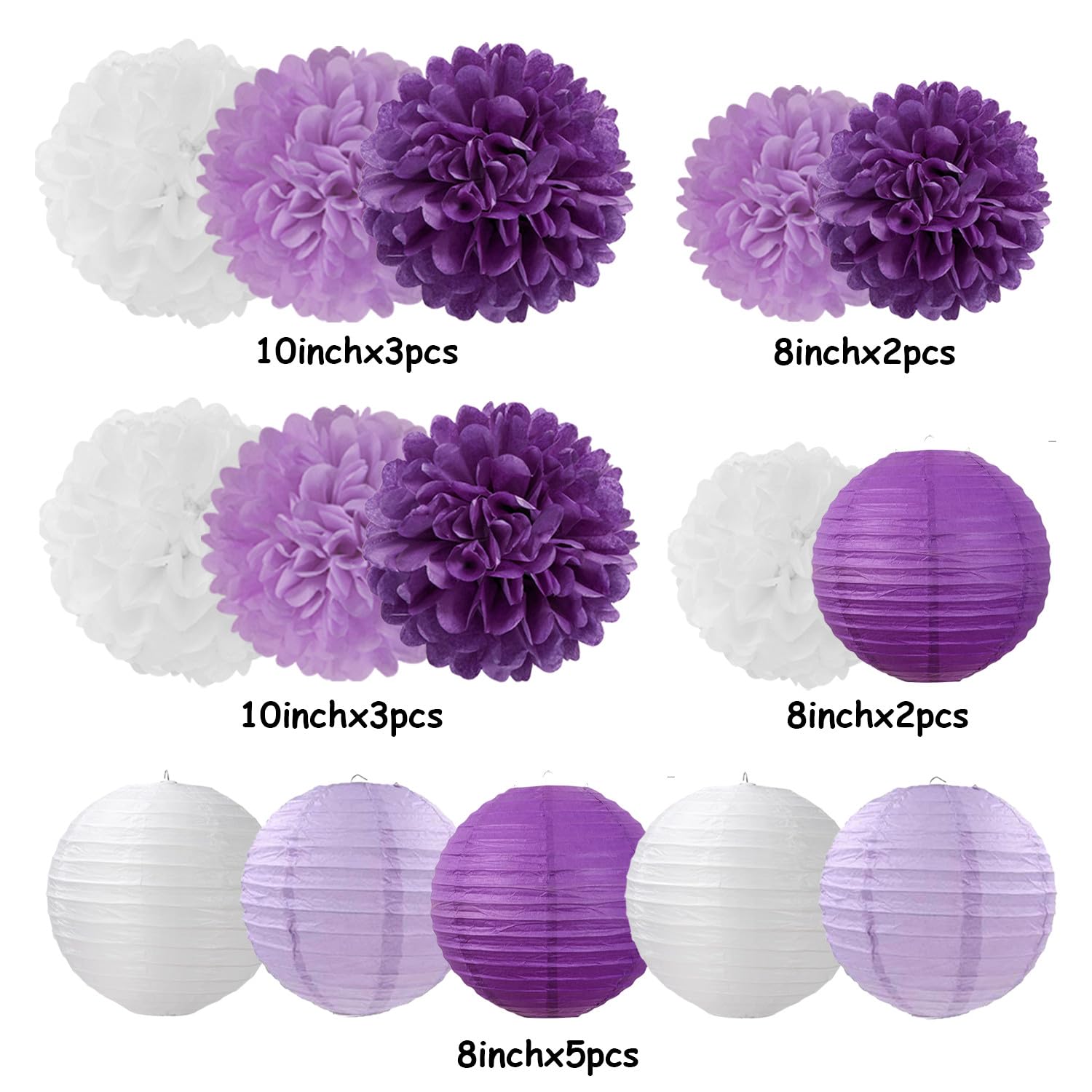 Purple-White Lavender Party Decorations Paper Flowers Lanterns - 15PCS Birthday Graduation Tissue Pom Poms Streamers, Baby Bridal Shower Wedding Retirement Bachelorette Hanging Supplies Decor Hugfond