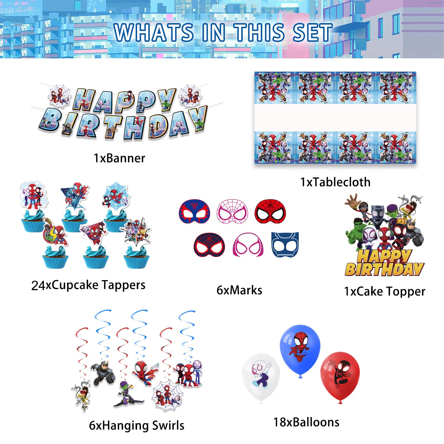 Spidey Party Supplies Set Include Banner, Balloons, Hanging Swirls,Cake Topper, Cupcake Toppers, Masks and Tablecloth For Party