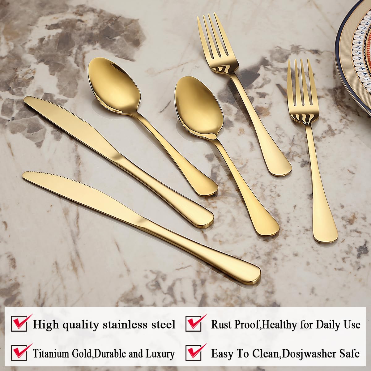 ReaNea Gold Silverware Set 36 Pieces Service for 12, Stainless Steel Titanium Gold Flatware Set include Knives Spoon Forks Set, Silverware Set, Serving Utensil Set