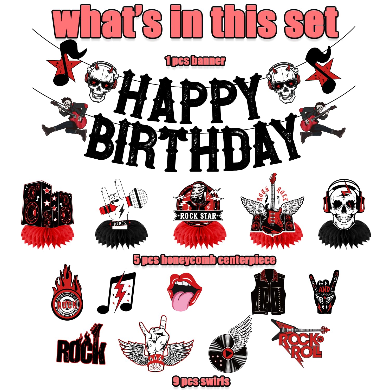 LARRAZABAL Rock and Roll Birthday Party Decorations Music Themed Party Decorations Include Happy Birthday Banner Hanging Swirls and Honeycomb Centerpiece Rock and Roll Baby Shower Supplies