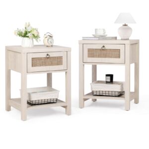 vowner 2 pcs white rattan nightstand set of 2, wood night stand with vintage metal pull handle, bedside table boho end tables side tables with storage shelf, for bedroom