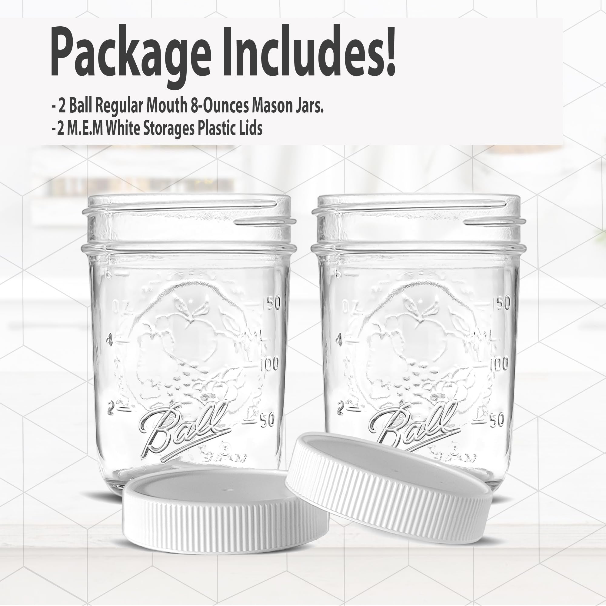 Regular Mouth Mason Jars 8 oz - (2 Pack) - Ball Regular Mouth Half Pint 8-Ounces Mason Jars with White M.E.M Food Storage Plastic Lids - For Storage, Freezing - Leak Proof, Microwave & Diswasher Safe