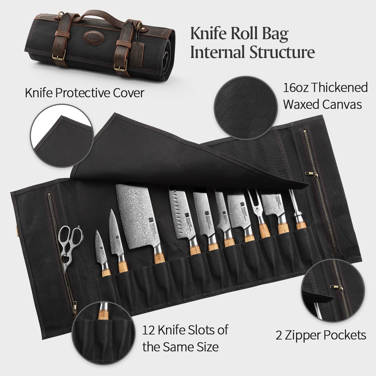 XINZUO Chef Knife Roll Bag Professional,16oz Waxed Canvas and Crazy Horse Leather,12 Slots Plus 2 Zipper Pockets,Adjustable Shoulder Strap-Travel Tool Roll Pouch(Bag Only)