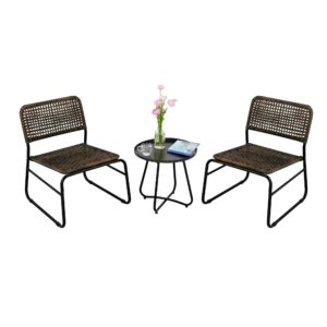 3 pieces patio conversation bistro set, outdoor furniturebistro set, outdoor rattan furniture with round table and 2 armchairs for lawn, garden, balcony, poolside, steel frame, black