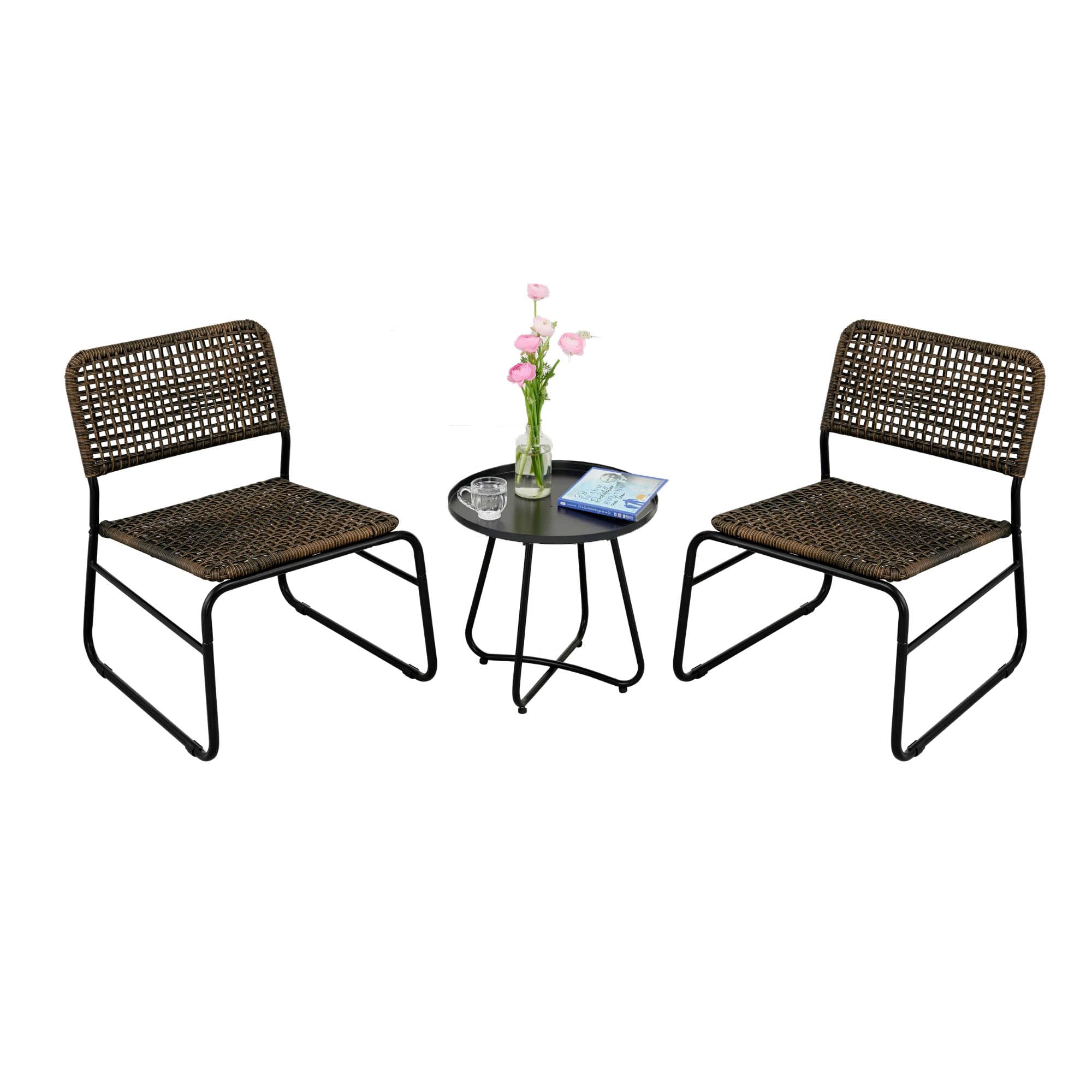 3 Pieces Patio Conversation Bistro Set, Outdoor FurnitureBistro Set, Outdoor Rattan Furniture with Round Table and 2 Armchairs for Lawn, Garden, Balcony, Poolside, Steel Frame, Black