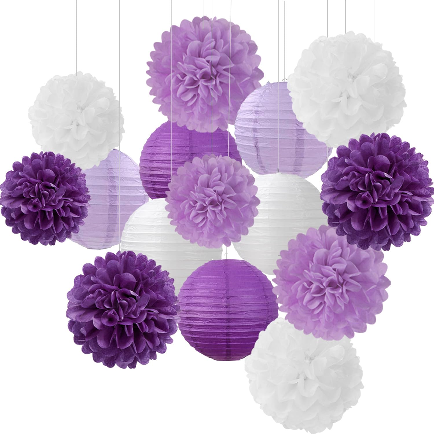 Purple-White Lavender Party Decorations Paper Flowers Lanterns - 15PCS Birthday Graduation Tissue Pom Poms Streamers, Baby Bridal Shower Wedding Retirement Bachelorette Hanging Supplies Decor Hugfond