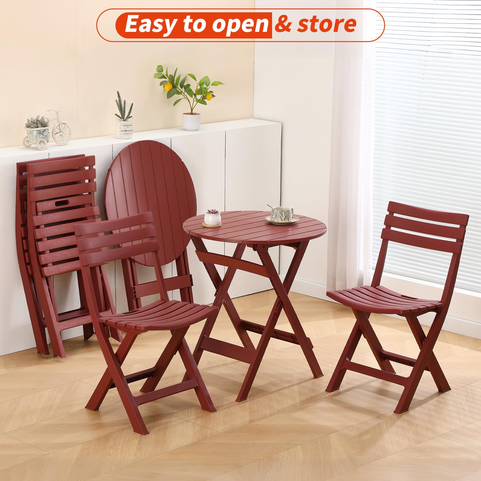 TAO ONE 3 Piece Patio Bistro Sets, Foldable Patio Set, Bistro Table and Chairs, 2 Plastics Folding Chairs and Round Table for Outdoor Balcony, Porch, Lawn, Garden, Patio, Red