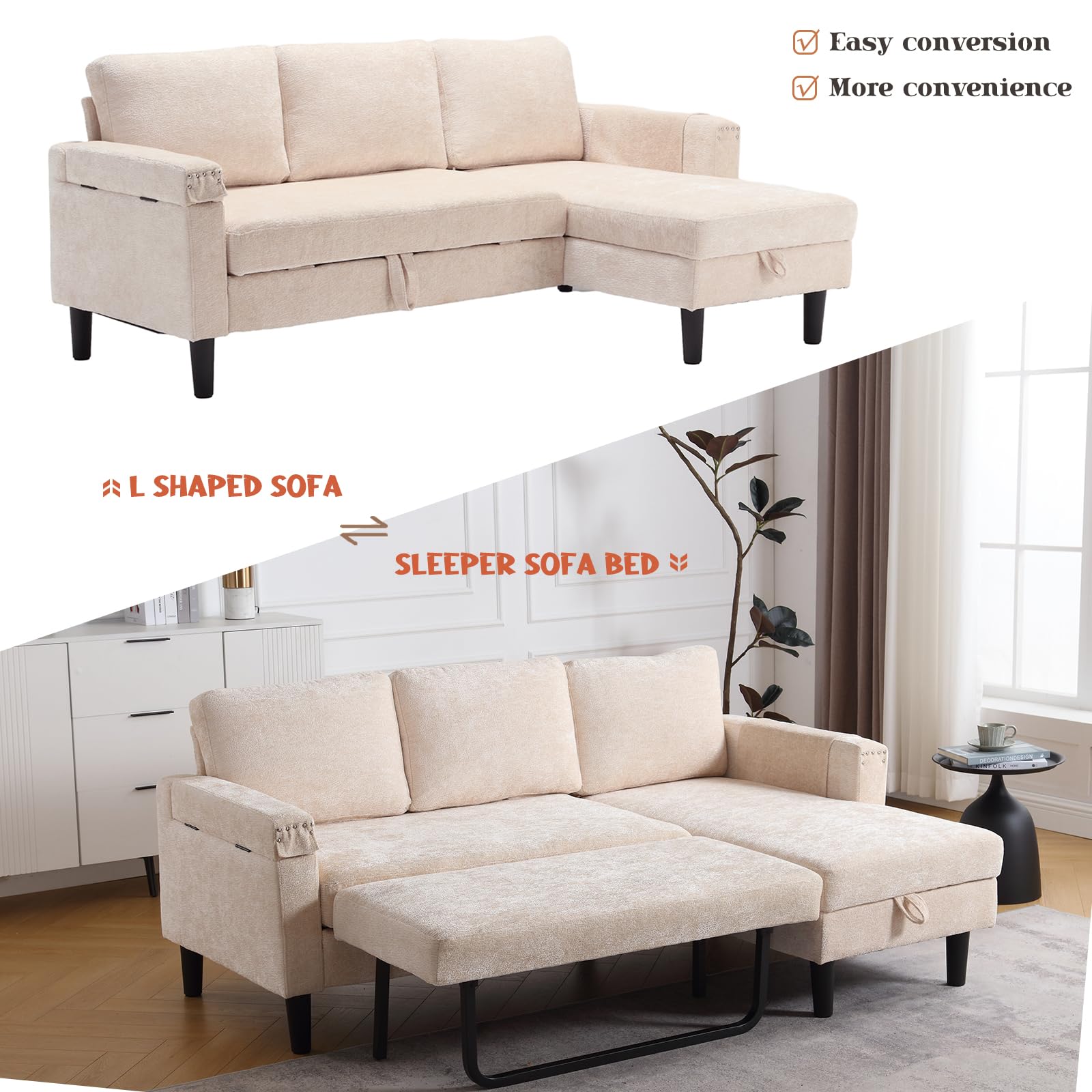 Sectional Couch with Pull Out Sofa Bed, Sleeper Sofa with Side Table and Storage Chaise, L Shape Sofa Bed Couch with Pocket, Convertible Couches for Living Room Bedroom Apartment, Beige