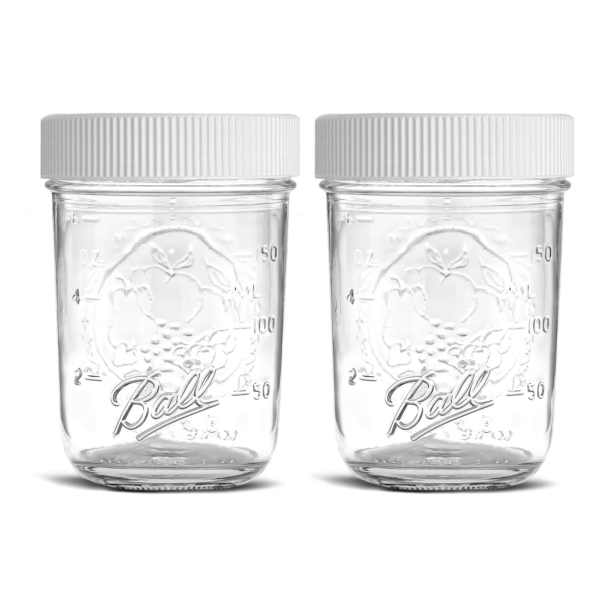 Regular Mouth Mason Jars 8 oz - (2 Pack) - Ball Regular Mouth Half Pint 8-Ounces Mason Jars with White M.E.M Food Storage Plastic Lids - For Storage, Freezing - Leak Proof, Microwave & Diswasher Safe