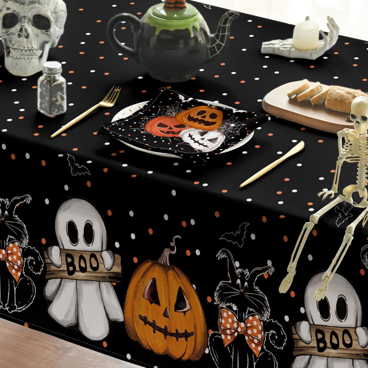 Horaldaily Halloween Tablecloth 60×84 Inch Rectangular, Jack-O-Lantern Ghost Cat Dots Washable Table Cover for Party Picnic Dinner Decor