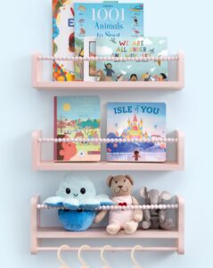 maxpeuvon nursery book shelves, set of 3 kids bookshelves natural wood wall mount organizer with towel bar hanging nursery decor for kids room, playroom, bedroom and kitchen, pink