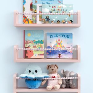 Maxpeuvon Nursery Book Shelves, Set of 3 Kids Bookshelves Natural Wood Wall Mount Organizer with Towel Bar Hanging Nursery Decor for Kids Room, Playroom, Bedroom and Kitchen, Pink