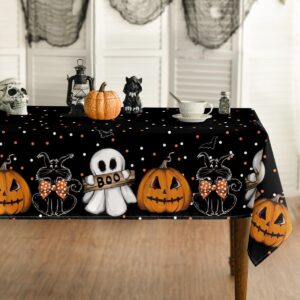 horaldaily halloween tablecloth 60×84 inch rectangular, jack-o-lantern ghost cat dots washable table cover for party picnic dinner decor