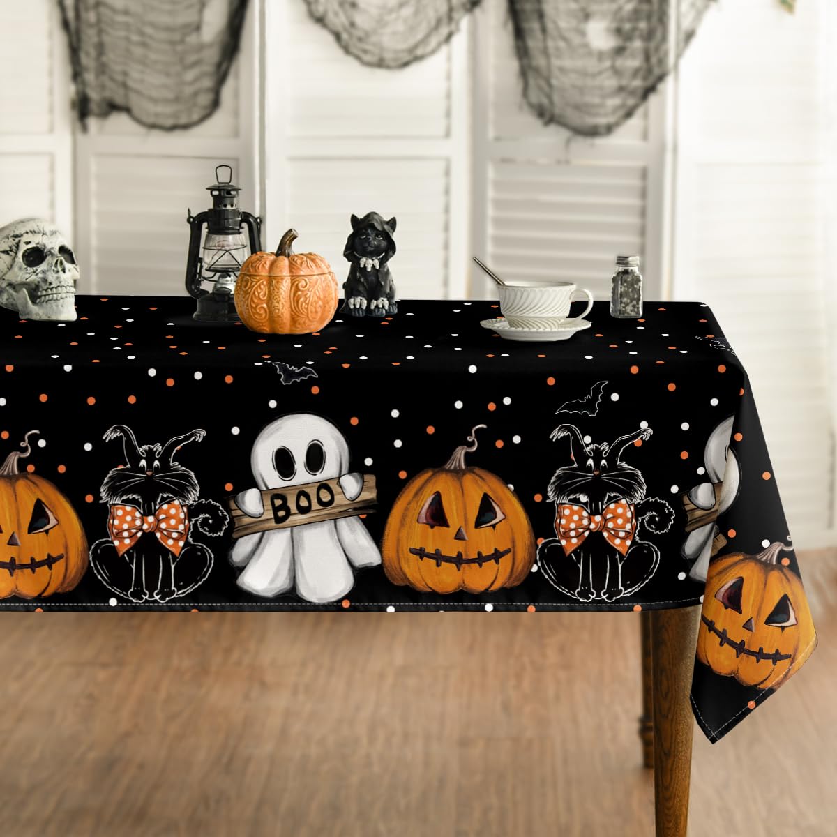 Horaldaily Halloween Tablecloth 60×84 Inch Rectangular, Jack-O-Lantern Ghost Cat Dots Washable Table Cover for Party Picnic Dinner Decor