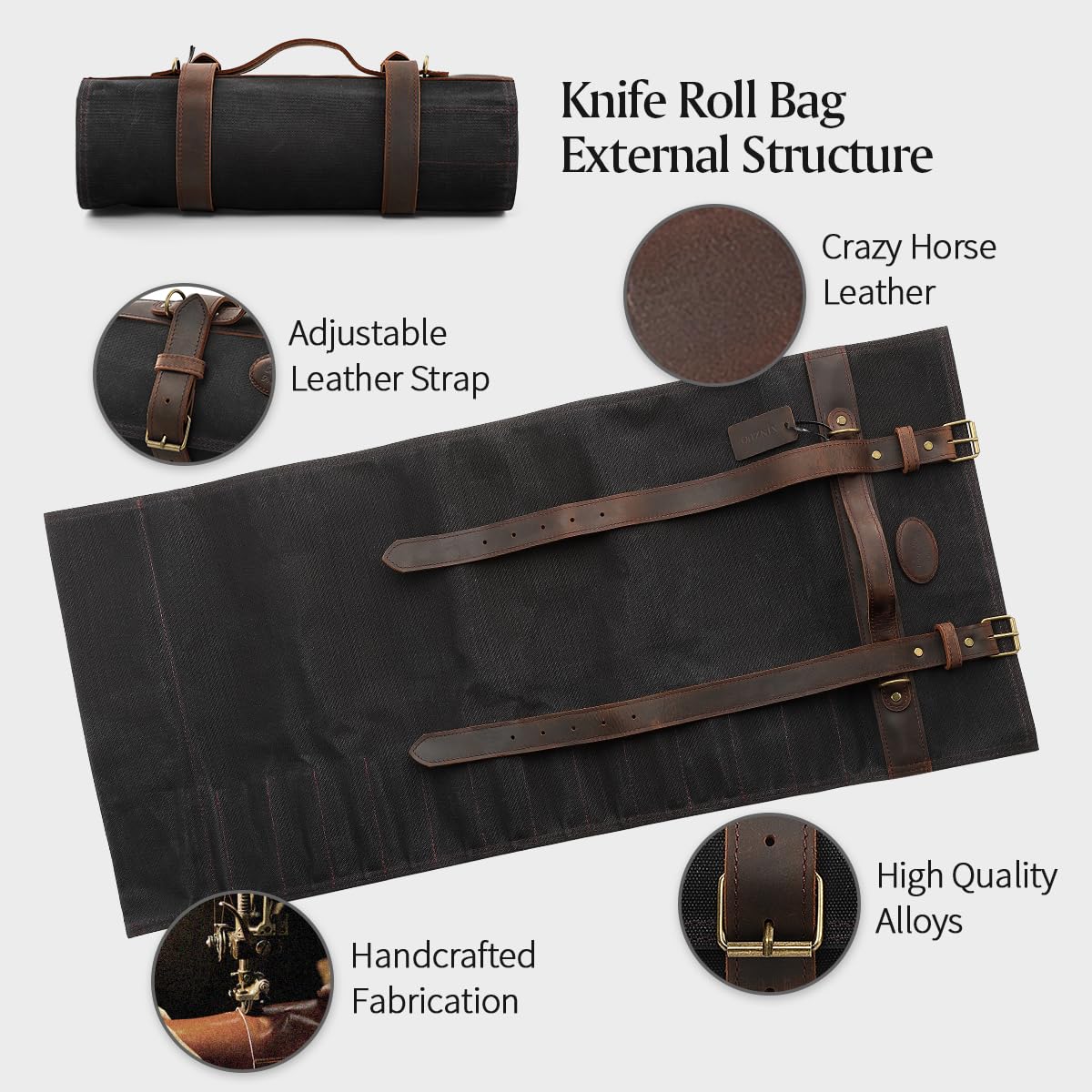 XINZUO Chef Knife Roll Bag Professional,16oz Waxed Canvas and Crazy Horse Leather,12 Slots Plus 2 Zipper Pockets,Adjustable Shoulder Strap-Travel Tool Roll Pouch(Bag Only)