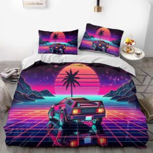 newaki synthwave neon miami style duvet cover set - 3d digital print ultra-soft microfiber, 3 piece bedding set with zipper closure, includes 1 comforter cover and 2 pillowcases (full (79"x90"),01)