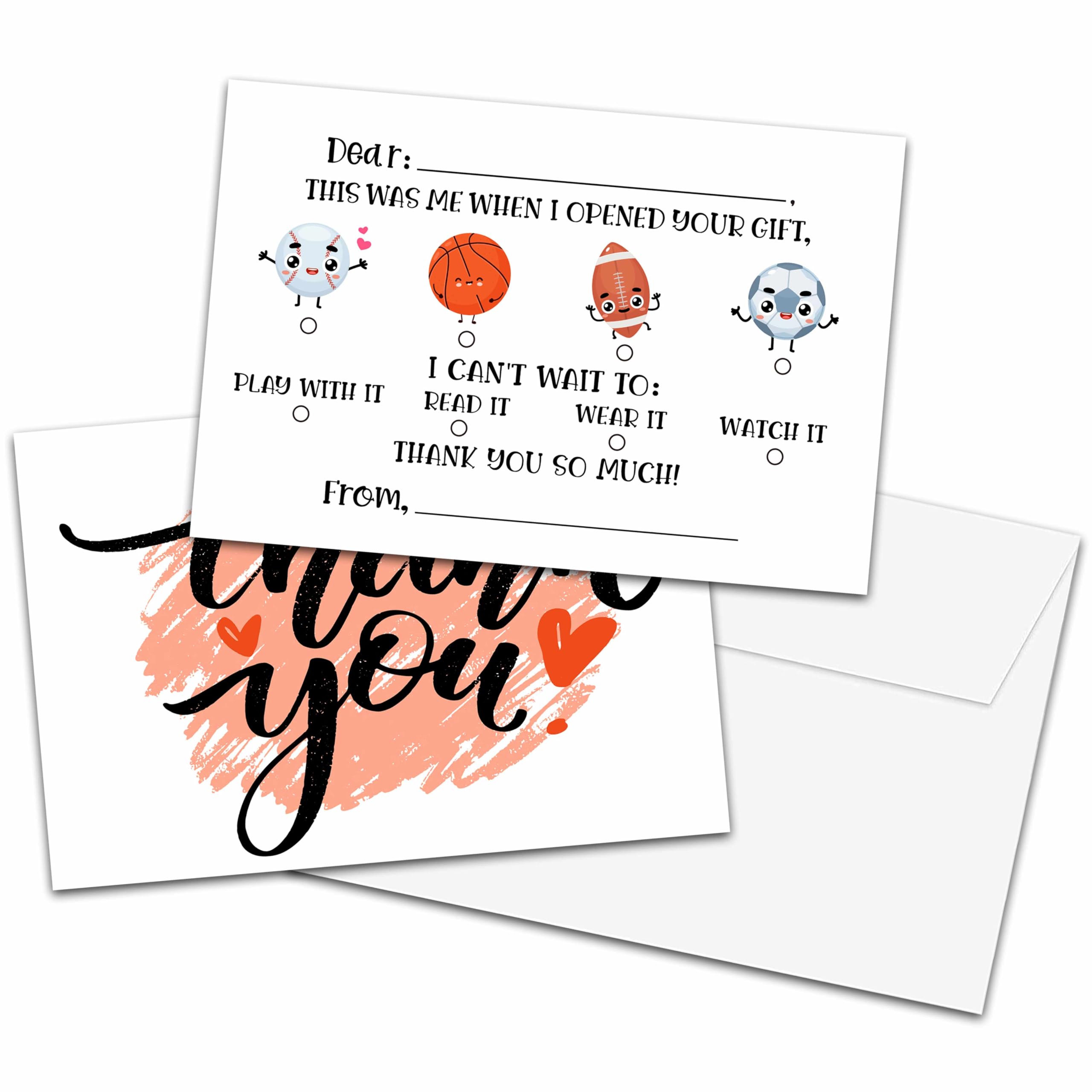 Chuxvon Kids Thank You Cards Fill in the Blank, Sports Thank You Cards, All Star Sports Greeting Cards, Thank You Notes For Boys, Birthday Party Decorations Favors (20 Cards With 20 Envelopes) -26