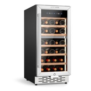 untomax 33 bottles wine fridge dual zone wine cooler refrigerator, 41-68℉ freestanding wine cellar built in for red/white/champagne, temperature memory quiet compressor kitchen/office, stainless steel