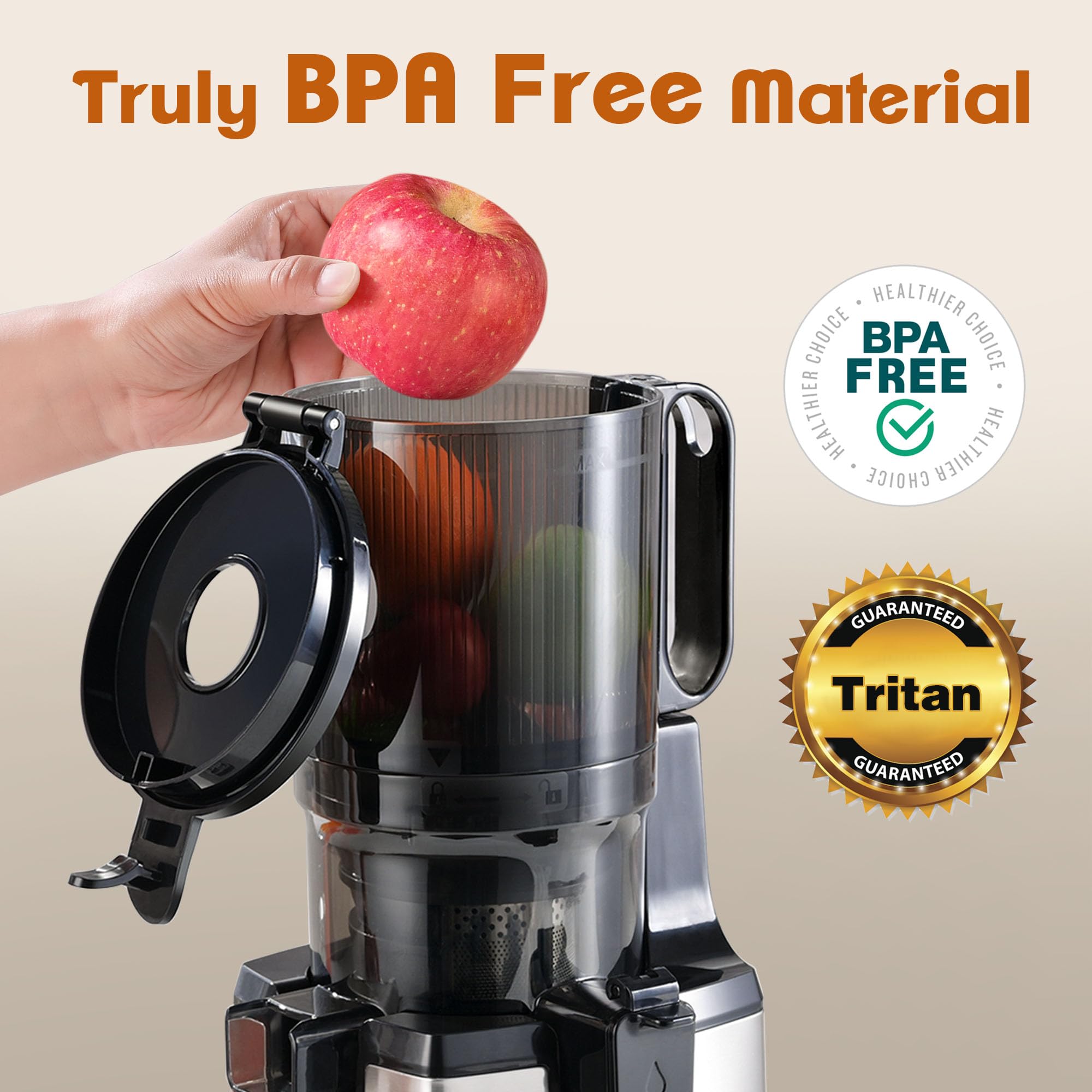 Cold Press Juicer Machines,Fretta Slow Masticating Juicers with 5.3" Large Feed Chute Fit Whole Fruits & Vegetable Easy Clean Self Feeding Juice Extractor,Tritan Material BPA Free 250W,Stainless Steel