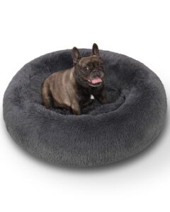 ksiia calming dog bed anti-anxiety round donut dog beds for small dogs cat beds for indoor cats fluffy comfort small dog bed with ultra-soft plush washable dog bed with non-skid bottom, 23", gray