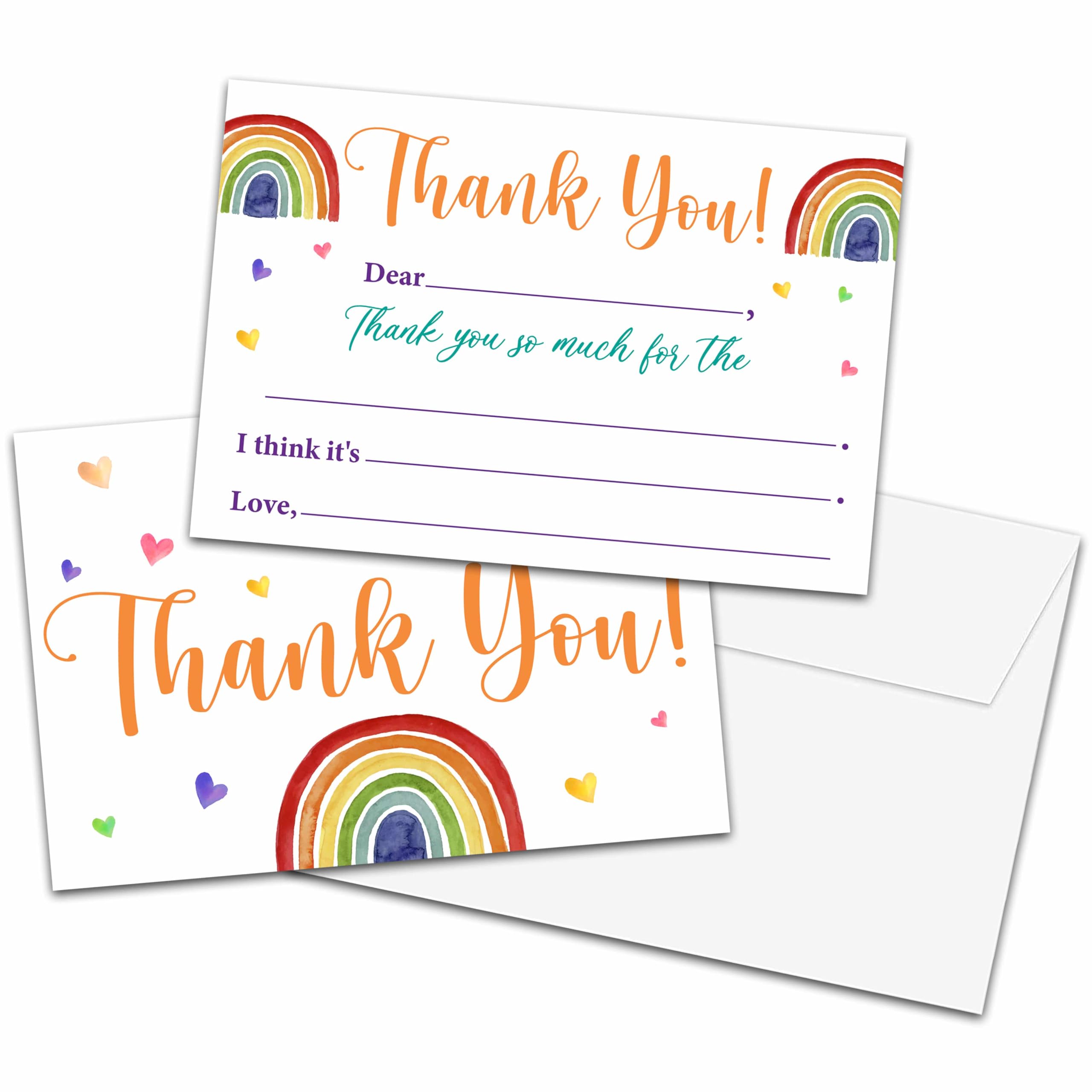 Kids Thank You Cards Fill in the Blank, Boho Rainbow Thank You Cards, Rainbow Greeting Cards, Thank You Notes For Boys Girls, Birthday Party Decorations Favors (20 Cards With 20 Envelopes) -11