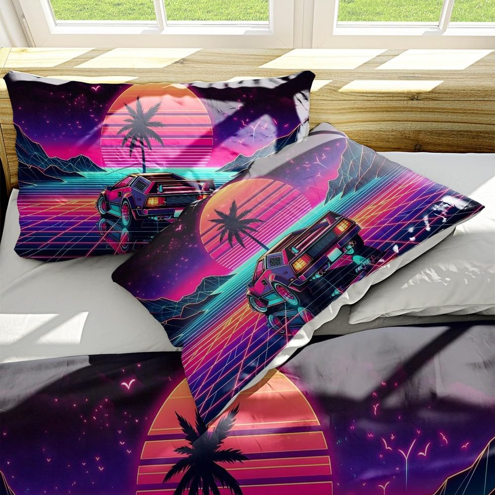 NEWAKI Synthwave Neon Miami Style Duvet Cover Set - 3D Digital Print Ultra-Soft Microfiber, 3 Piece Bedding Set with Zipper Closure, Includes 1 Comforter Cover and 2 Pillowcases (Full (79"x90"),01)