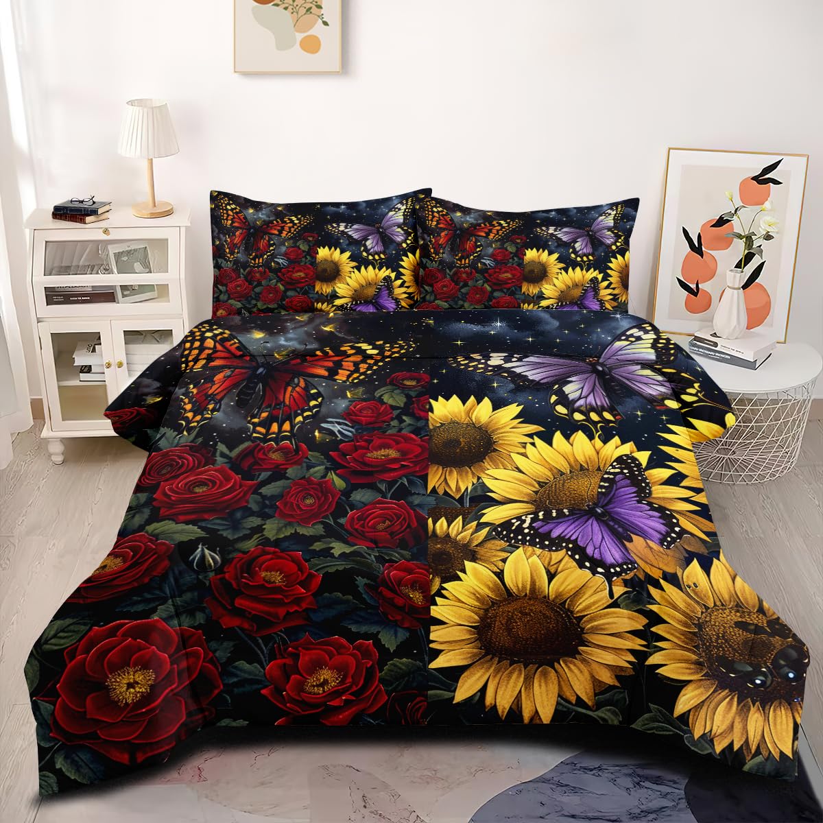 CCoutueChen Butterfly Comforter Set Queen,Yellow Sunflowers Comforter for Girls,Purple Butterfly Bedding,Botanical Floral Bedroom Decor, 3Pcs Soft Lightweight Summer Comforter