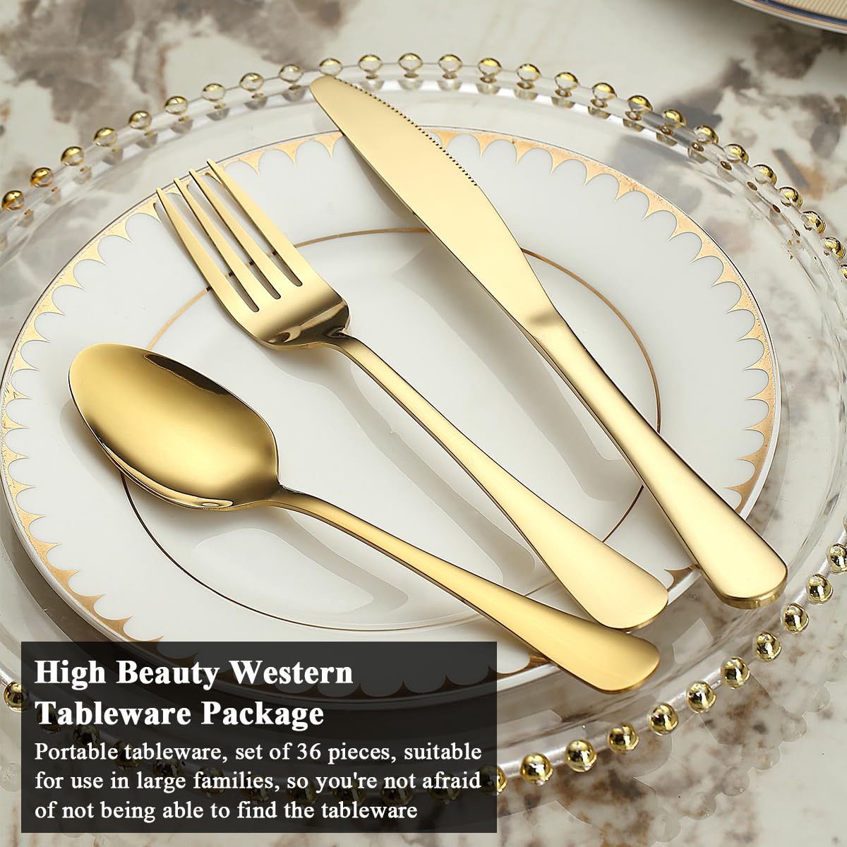 ReaNea Gold Silverware Set 36 Pieces Service for 12, Stainless Steel Titanium Gold Flatware Set include Knives Spoon Forks Set, Silverware Set, Serving Utensil Set