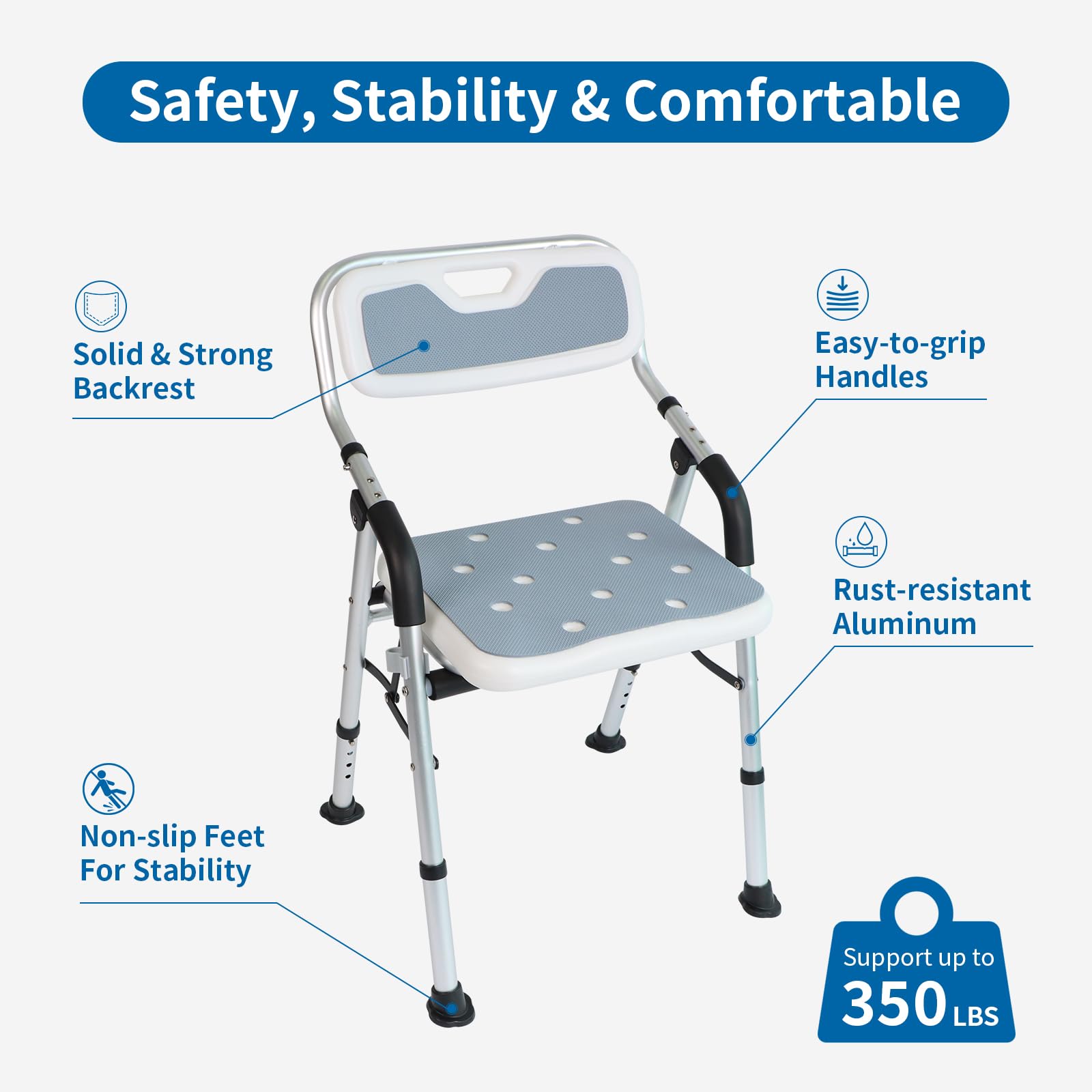 Folding Shower Chair for Inside Shower, Foldable Shower Chair for Seniors Elderly Handicap Disabled, Bath Shower Seat with Arm and Back for Adult, Bathroom Tub Transfer Bench (Grey, L)