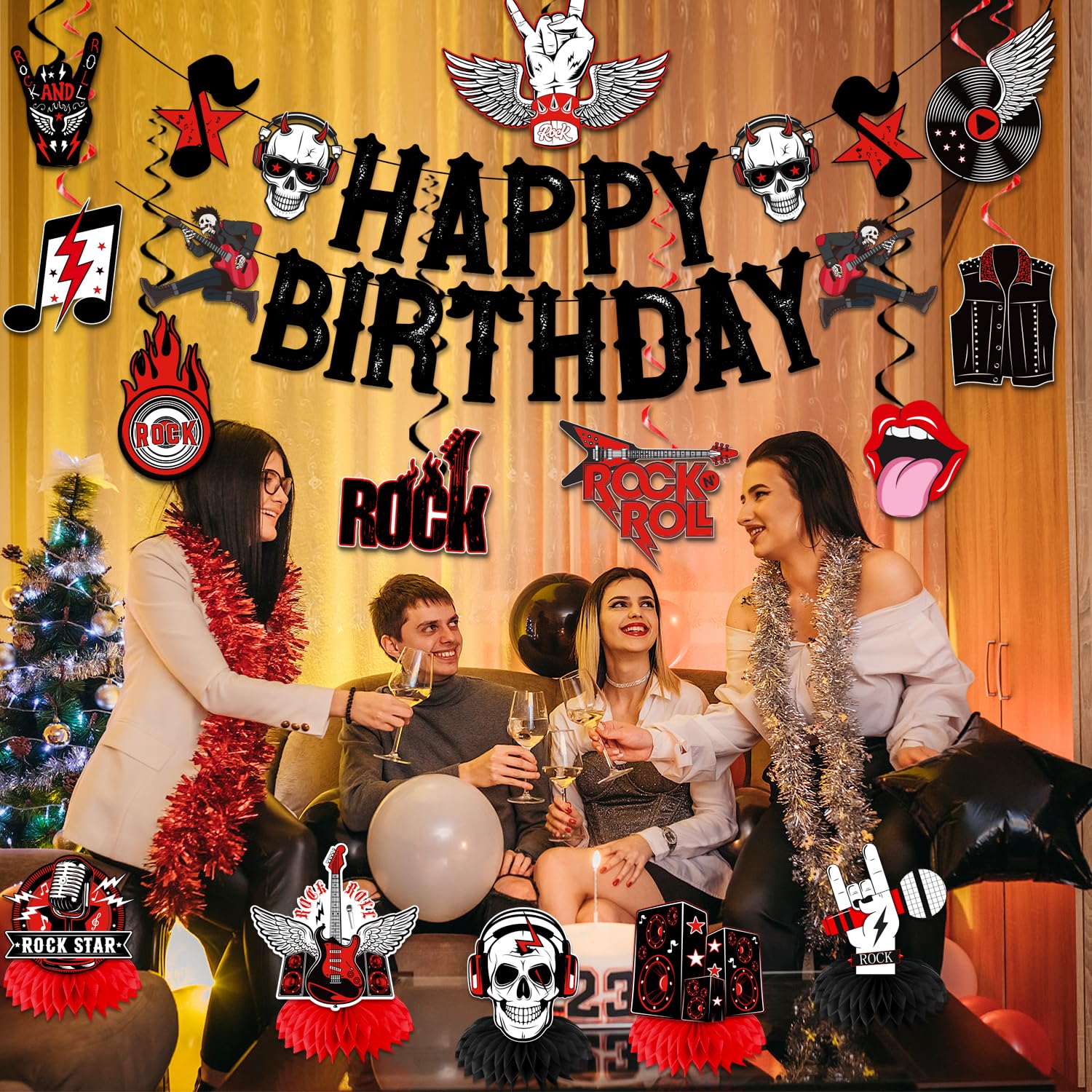 LARRAZABAL Rock and Roll Birthday Party Decorations Music Themed Party Decorations Include Happy Birthday Banner Hanging Swirls and Honeycomb Centerpiece Rock and Roll Baby Shower Supplies