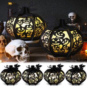 6 pack black halloween pumpkins table centerpieces lanterns paper jack o lantern boxes flameless candle light handmade diy table decor for halloween table decoration party supplies 8.27 x 9.84 inch