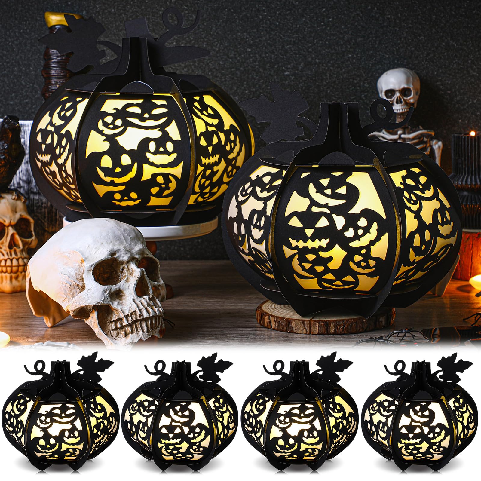 6 Pack Black Halloween Pumpkins Table Centerpieces Lanterns Paper Jack O Lantern Boxes Flameless Candle Light Handmade DIY Table Decor for Halloween Table Decoration Party Supplies 8.27 x 9.84 inch