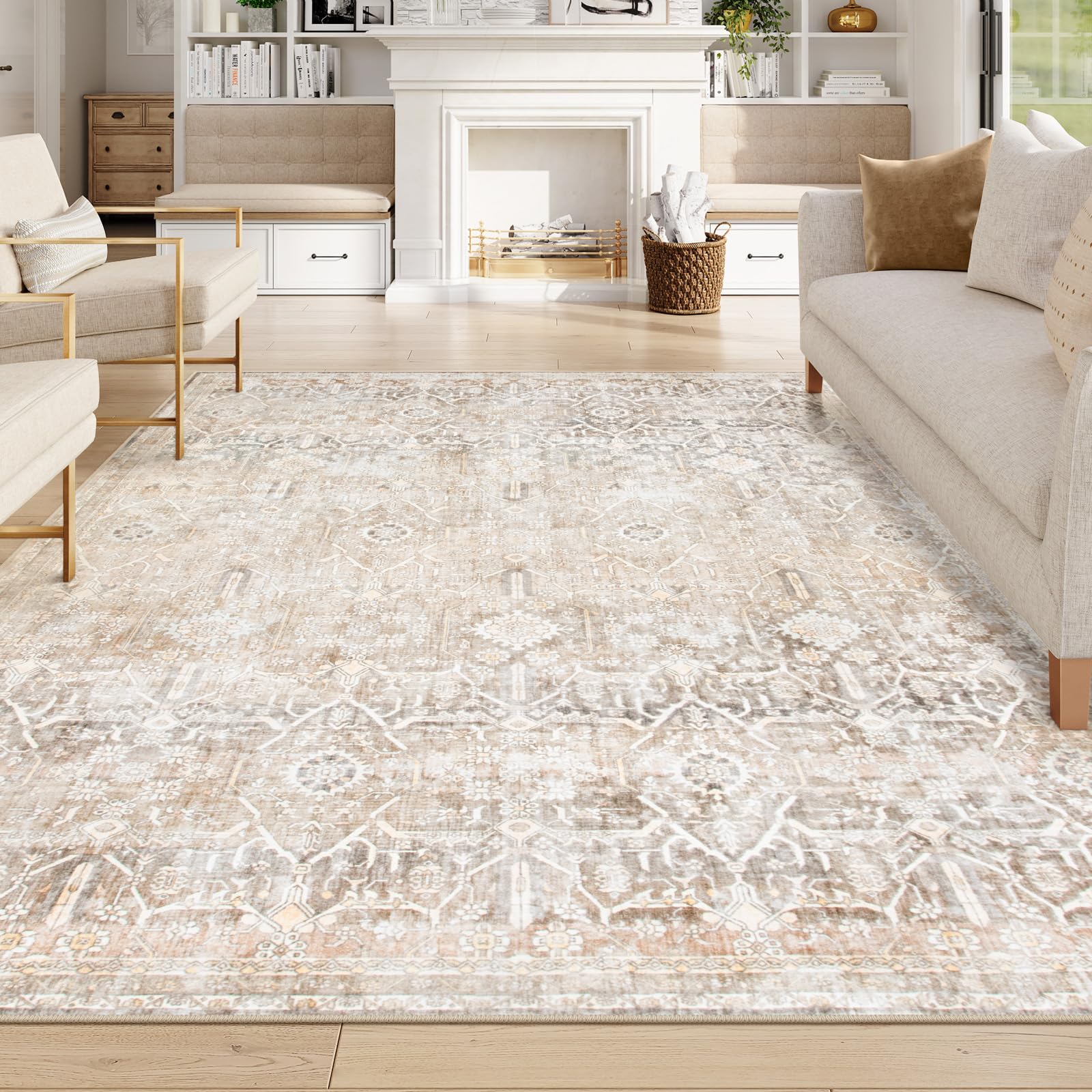 Washable Area Rug 8x10, Neutral Boho Rugs for Living Room Rugs 8x10 Non Slip Farmhouse Modern Bedroom Carpet Stain Resistant Aesthetic Print Accent Floor Rug for Dining Guest Office - Beige