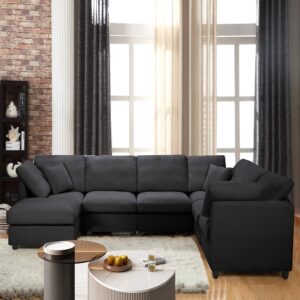 117" Modular Sectional Sofa,U-Shaped Chenille Sofa Couch with Movable Ottoman,Modern 7 Seat Cloud Sectional Couches for Living Room Office Home (Black) (Black, 117" U-7 Seater)