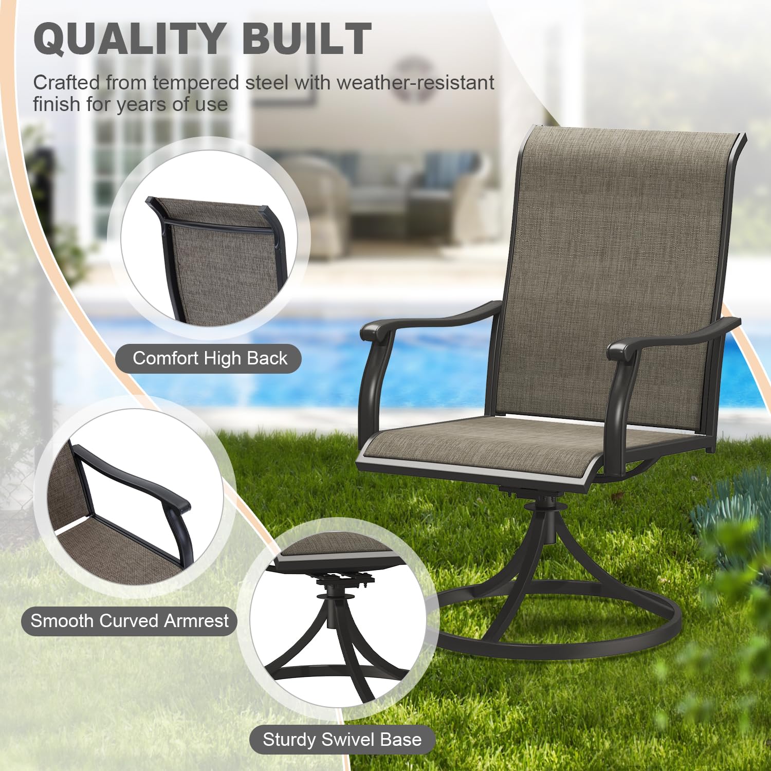 VICLLAX Patio Swivel Dining Chairs Set of 2 Outdoor Chairs with Armrest, Textilene Fabric Outdoor Patio Chair, Black Frame