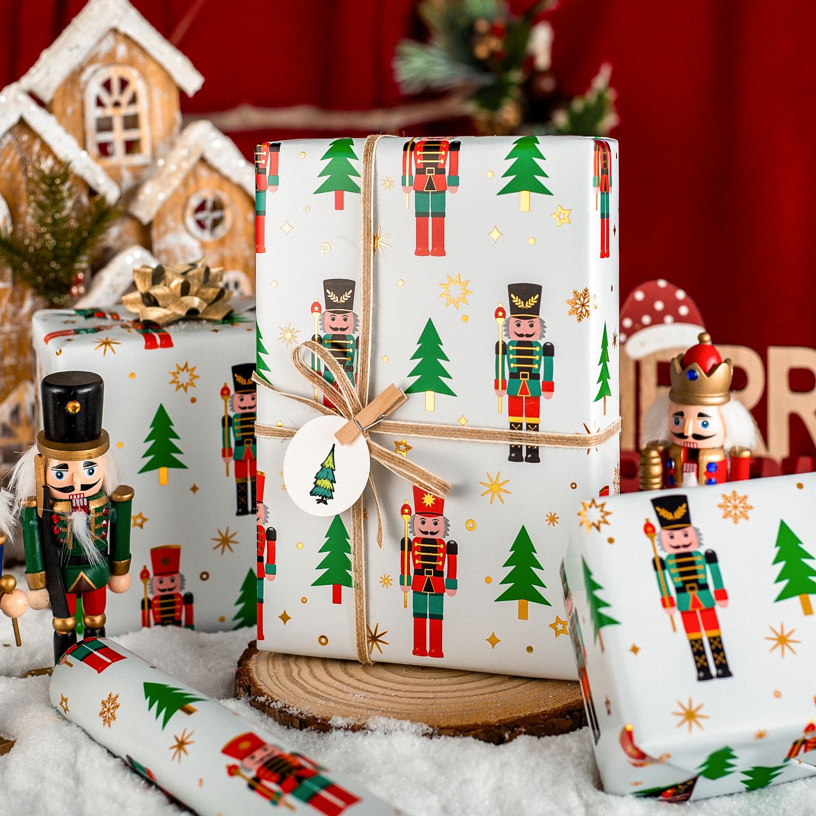 MIMUTI Christmas Wrapping Paper - Wrapping Paper Mini Roll - 17in X 33ft - Nutcracker/Tree/Stars Printed on Paper for Chrsitmas, Holiday, Party Celebration