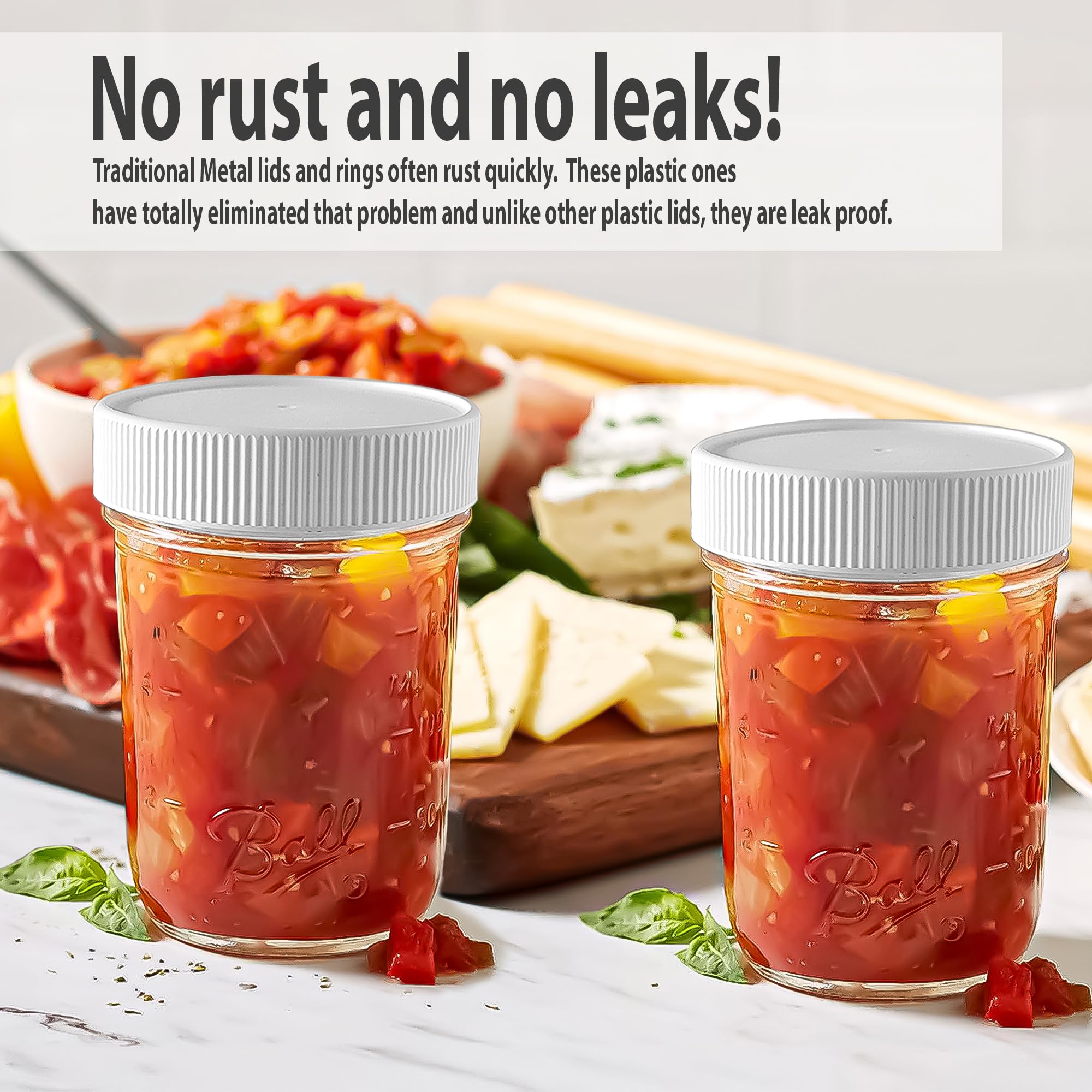 Regular Mouth Mason Jars 8 oz - (2 Pack) - Ball Regular Mouth Half Pint 8-Ounces Mason Jars with White M.E.M Food Storage Plastic Lids - For Storage, Freezing - Leak Proof, Microwave & Diswasher Safe