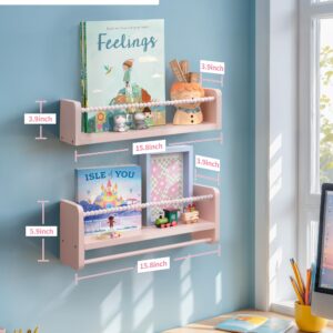 Maxpeuvon Nursery Book Shelves, Set of 3 Kids Bookshelves Natural Wood Wall Mount Organizer with Towel Bar Hanging Nursery Decor for Kids Room, Playroom, Bedroom and Kitchen, Pink