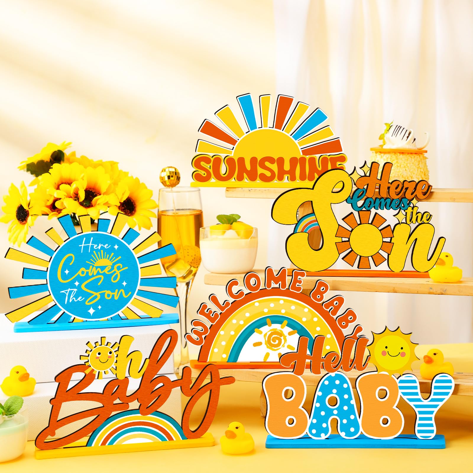 Threehoney 6 Pcs Here Comes The Son Baby Shower Decorations Retro Boho Party Centerpiece for Table Toppers Wooden Sunshine Baby Shower Decorations for Home Office Desk Tier Tray Decor Party Supplies