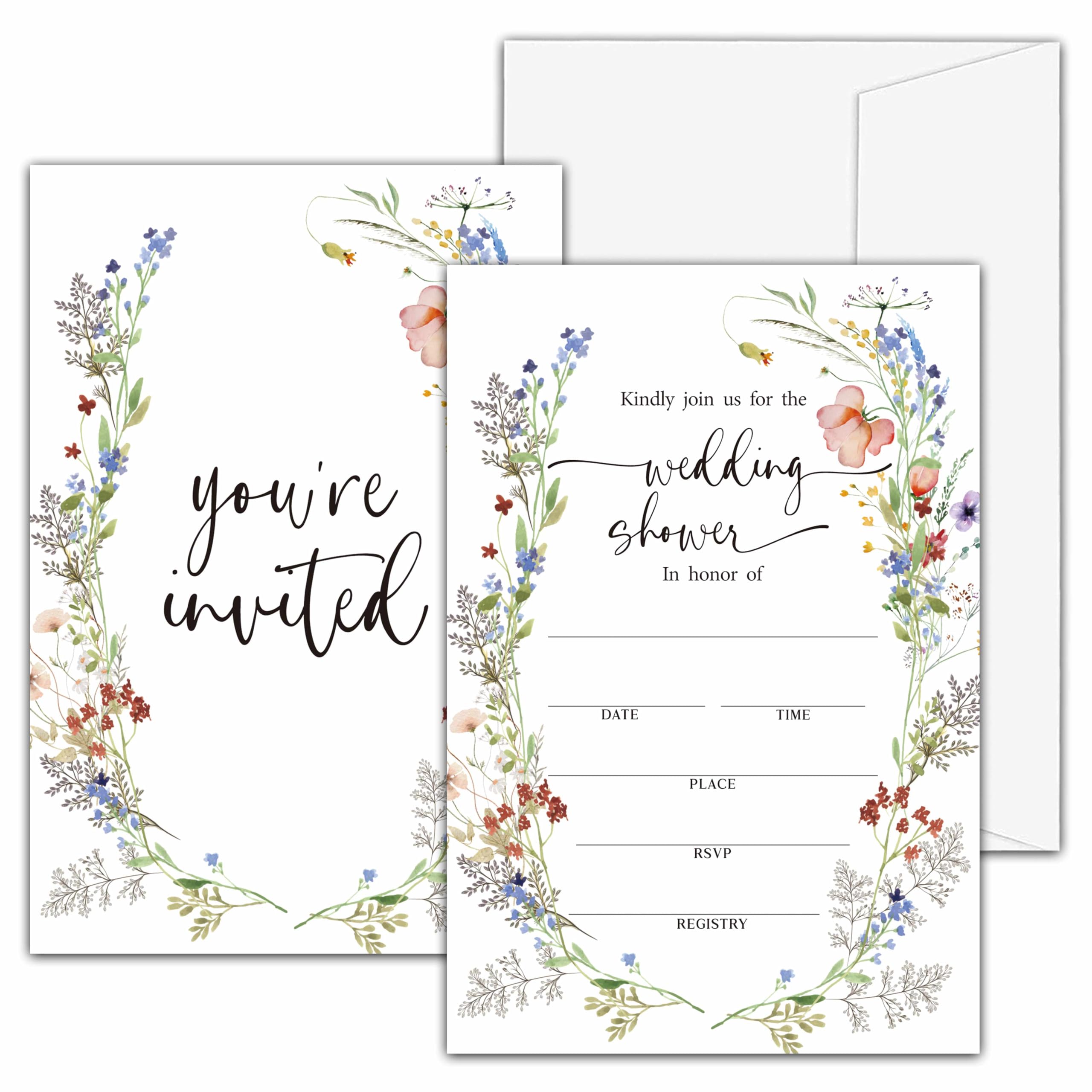 Wildflower Wedding Shower Invitations, Watercolor Floral Wedding Party Invitations, Bridal Shower Party Fill In Invitation Cards, Engagement Party Favor Supplies(20 Invites With 20 Envelopes) -03