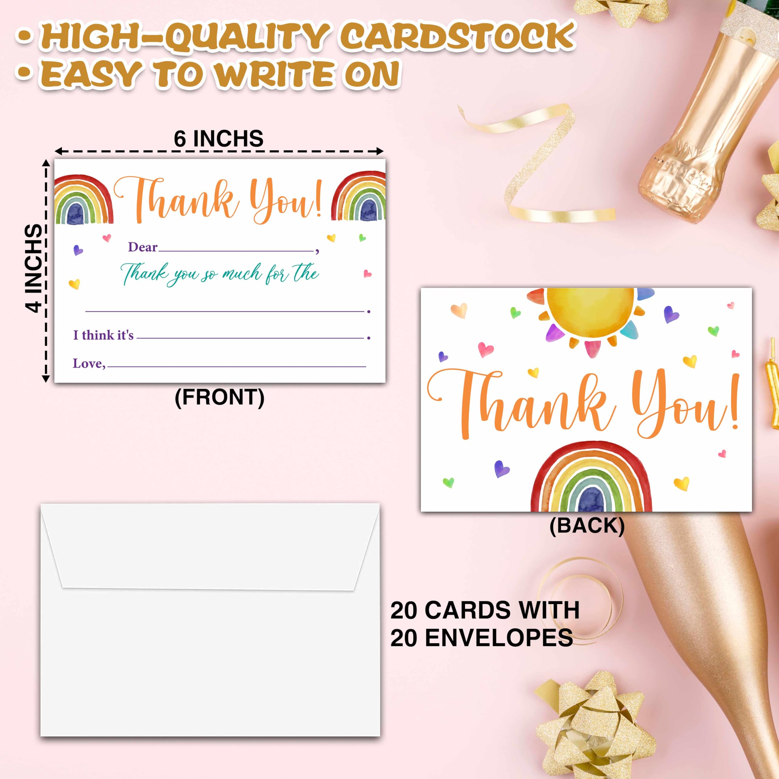 Kids Thank You Cards Fill in the Blank, Boho Rainbow Thank You Cards, Rainbow Greeting Cards, Thank You Notes For Boys Girls, Birthday Party Decorations Favors (20 Cards With 20 Envelopes) -11