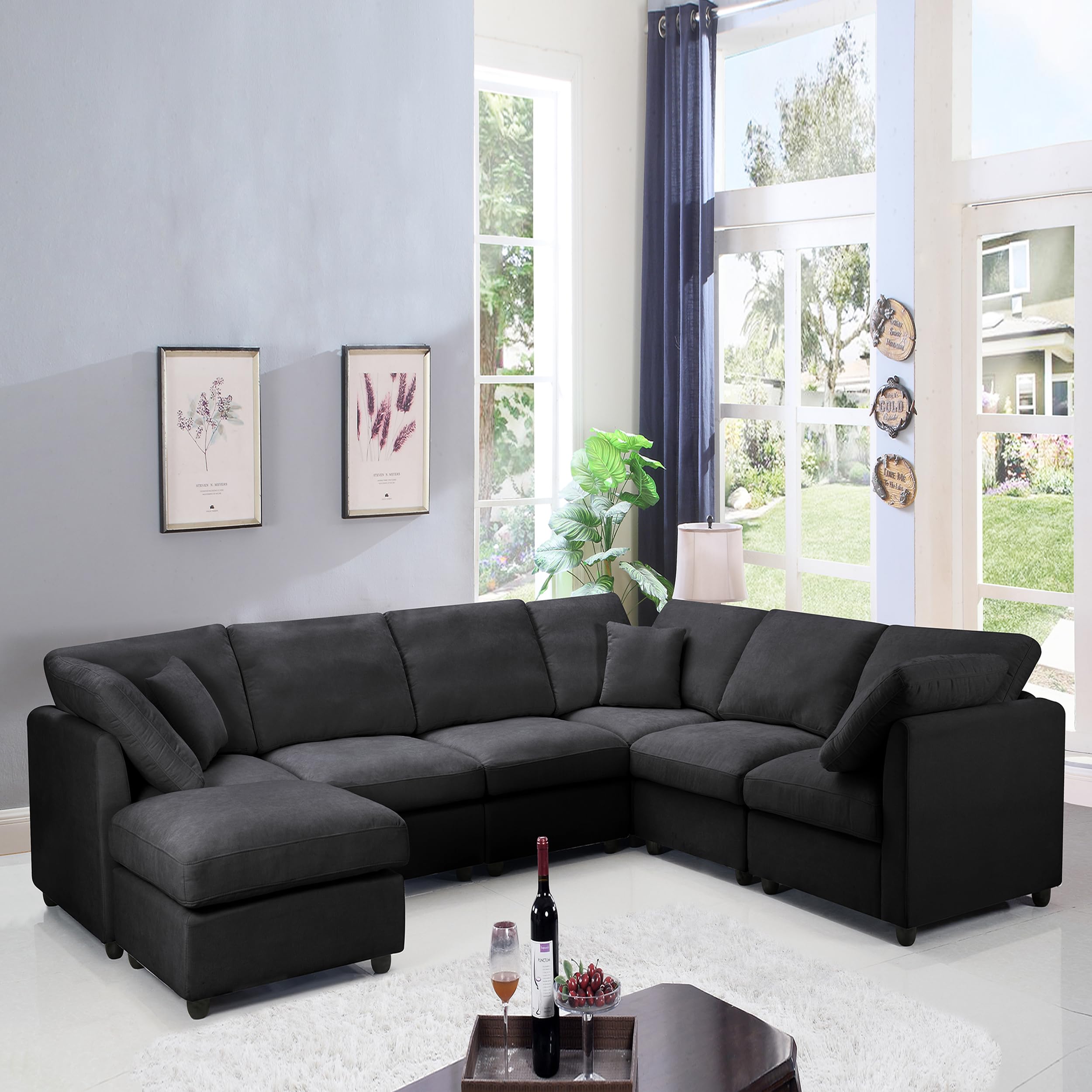 117" Modular Sectional Sofa,U-Shaped Chenille Sofa Couch with Movable Ottoman,Modern 7 Seat Cloud Sectional Couches for Living Room Office Home (Black) (Black, 117" U-7 Seater)