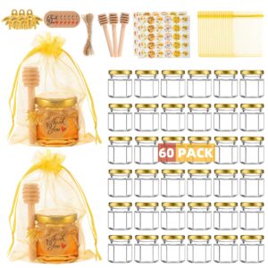 givameihf 60pcs mini glass honey jars,1.5oz hexagon small honey jars with wooden dippers,gold bags,bee charms,thank you cards,rope,stickers,mini honey jars party favors for baby shower wedding