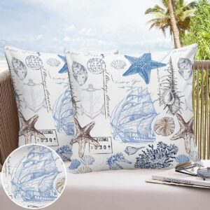 Outdoor Waterproof Pillow Covers Set of 2, Nautical Theme Marine Sail Boat Beach Starfish Shell Seashell Patio Throw Pillow Covers, Decorative Cushion Case for Couch Sofa Furniture Garden, 20x20 Inch