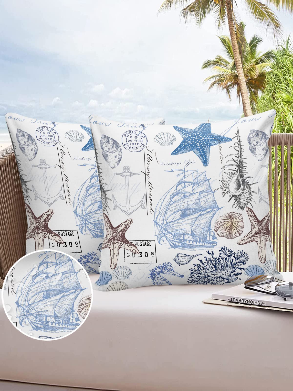 Outdoor Waterproof Pillow Covers Set of 2, Nautical Theme Marine Sail Boat Beach Starfish Shell Seashell Patio Throw Pillow Covers, Decorative Cushion Case for Couch Sofa Furniture Garden, 20x20 Inch