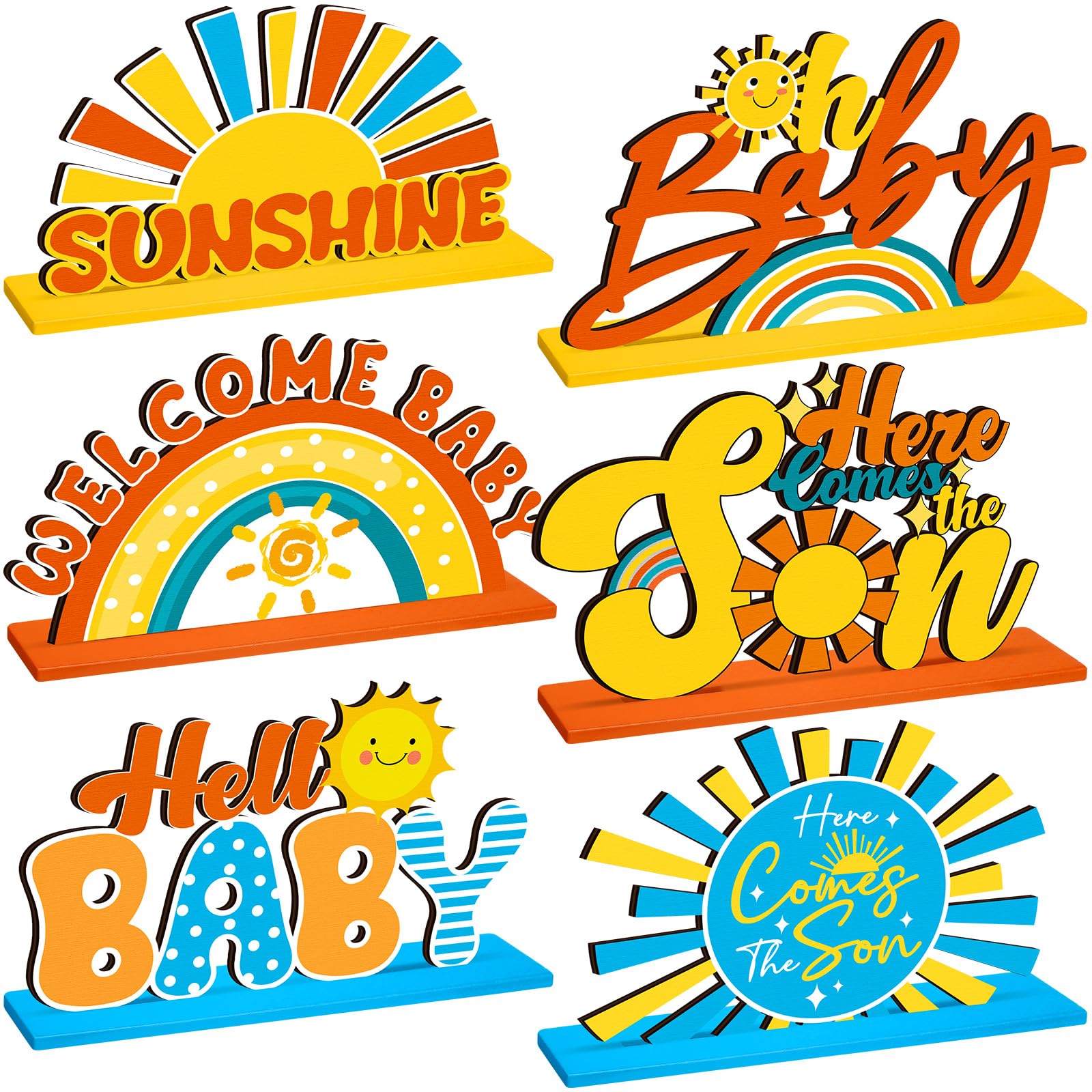 Threehoney 6 Pcs Here Comes The Son Baby Shower Decorations Retro Boho Party Centerpiece for Table Toppers Wooden Sunshine Baby Shower Decorations for Home Office Desk Tier Tray Decor Party Supplies