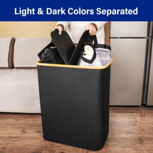 Double Laundry Hamper with Lid, Divided Large Laundry Basket with Removable Bags, 2 Section Foldable Dirty Clothes Basket with Handles for Bathroom, Bedroom & Laundry Room, 150L (Black)