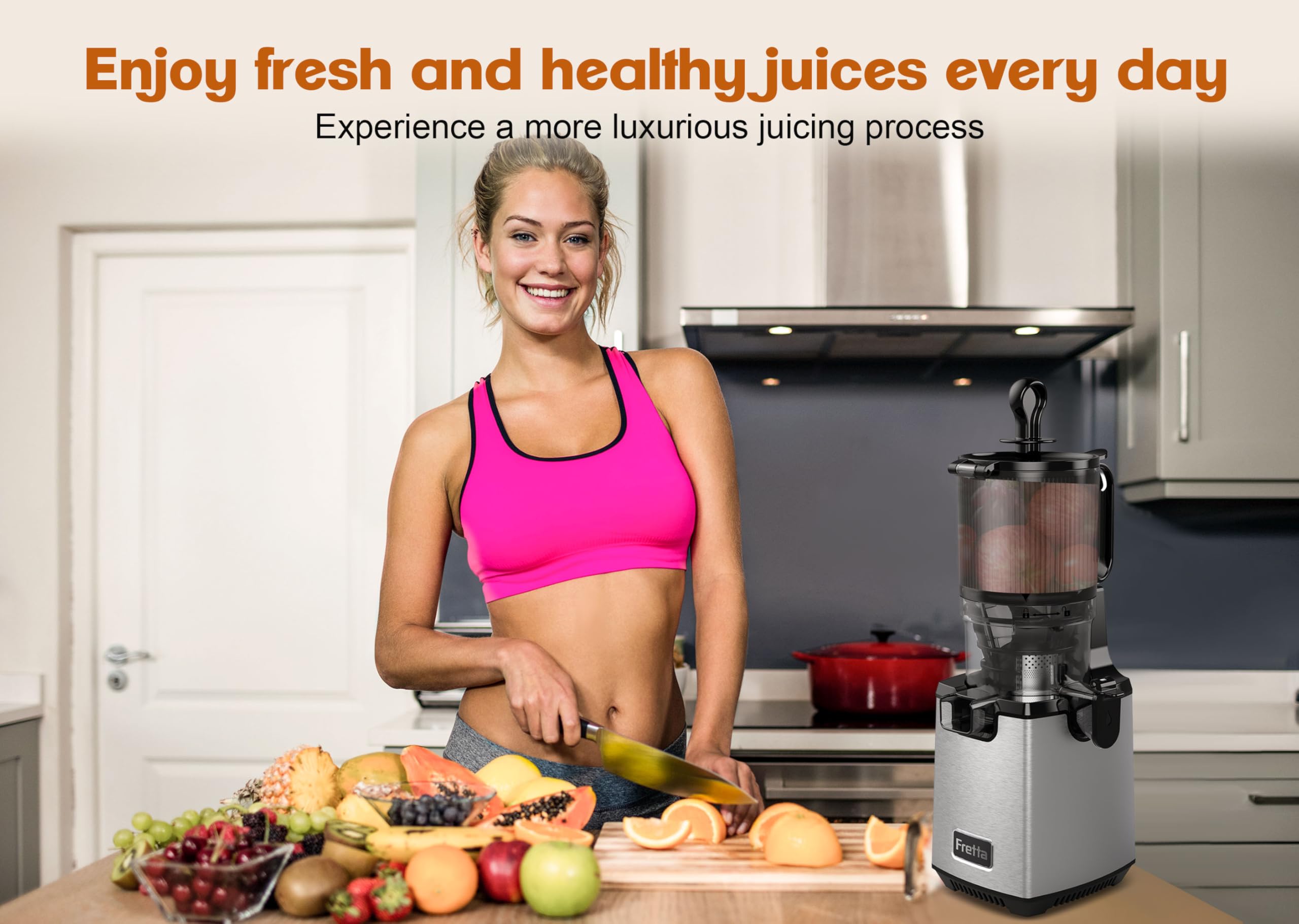 Cold Press Juicer Machines,Fretta Slow Masticating Juicers with 5.3" Large Feed Chute Fit Whole Fruits & Vegetable Easy Clean Self Feeding Juice Extractor,Tritan Material BPA Free 250W,Stainless Steel