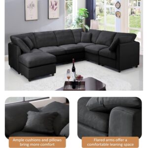 117" Modular Sectional Sofa,U-Shaped Chenille Sofa Couch with Movable Ottoman,Modern 7 Seat Cloud Sectional Couches for Living Room Office Home (Black) (Black, 117" U-7 Seater)