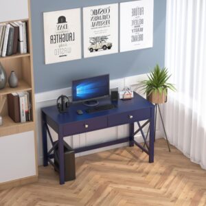 WiberWi Home Office Desk with Drawers, Modern Writing Computer Desk for Bedroom, Small Navy Makeup Vanity Table Desk for Girls, Study Table for Home Office